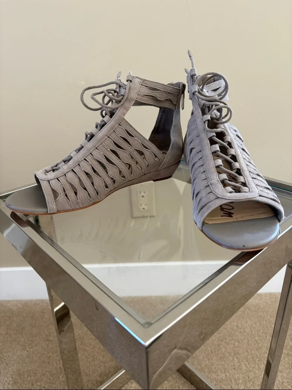 Sam Edelman | Shoes | Sam Edelman Laceup Cage Heels In Light Gray Suede ...